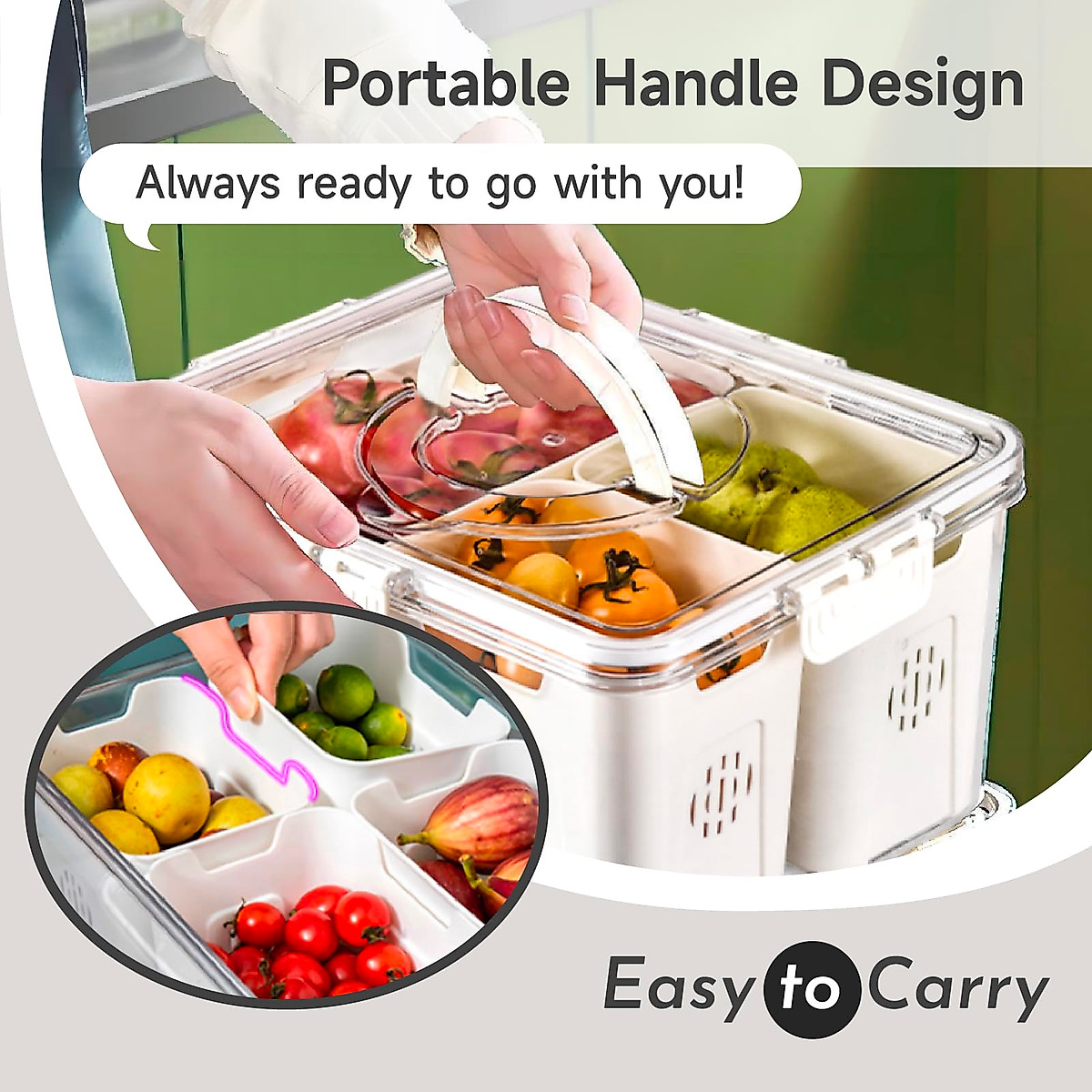 banmagately Airtight Fruit Storage Containers for Fridge, Portable Refrigerator Organizer Bins with 4 Removable Fruit Drainer Containers, BPA-Free Produce Saver for Fruits and Veggies (White)