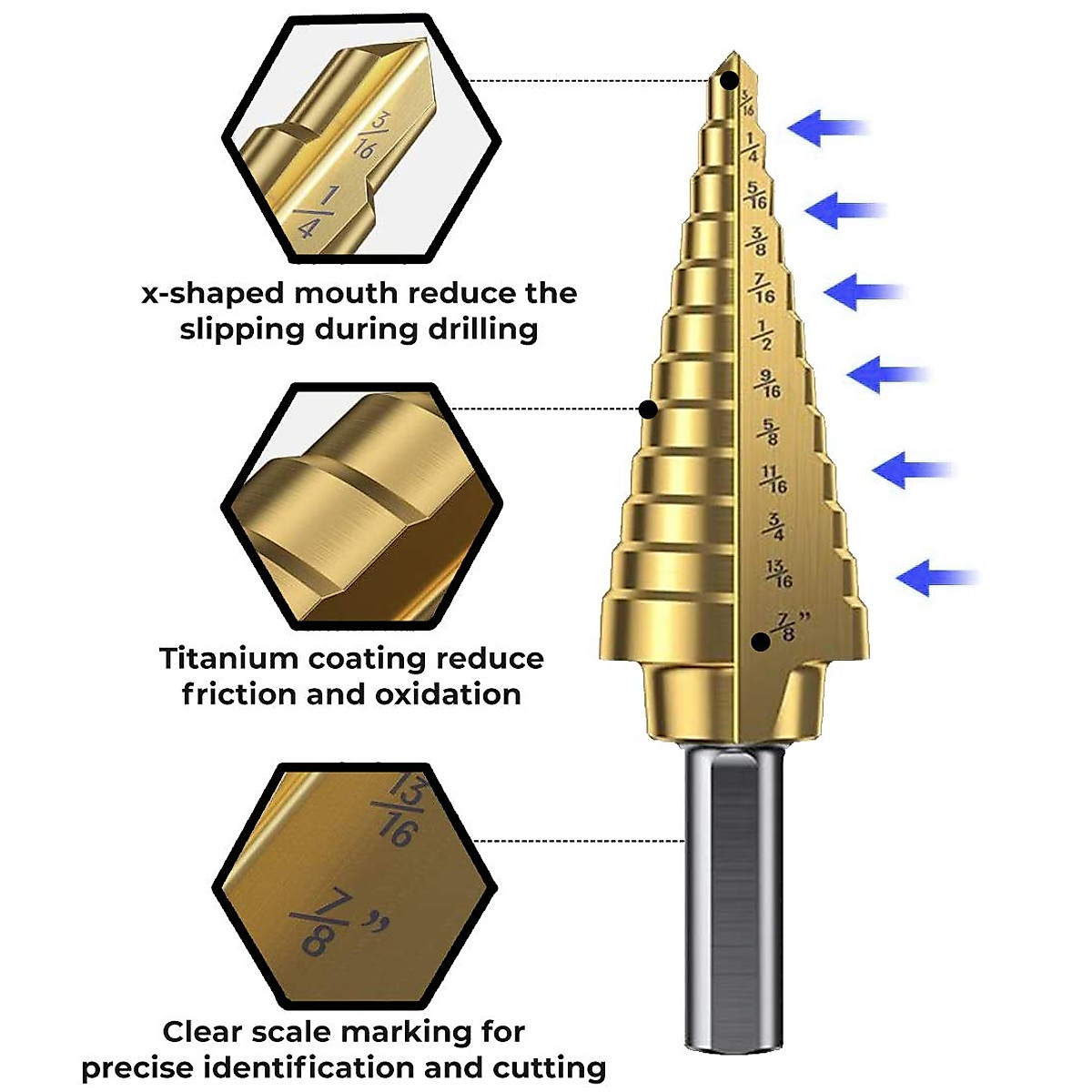 Step Drill Bit Set & Automatic Center Punch 5pcs HSS Cobalt Titanium Step Drill Bit Set, Multiple Hole 50 Sizes High Speed Step Drill Bit Set with Aluminum Case