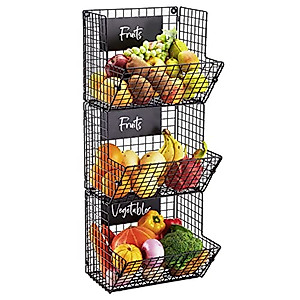 Wall Mounted Wire Basket Hanging Fruit Basket, 3 Tier Kitchen Storage Bins Fruit Vegetable and Pantry Organizier Stand, Produce Rack, Black,
