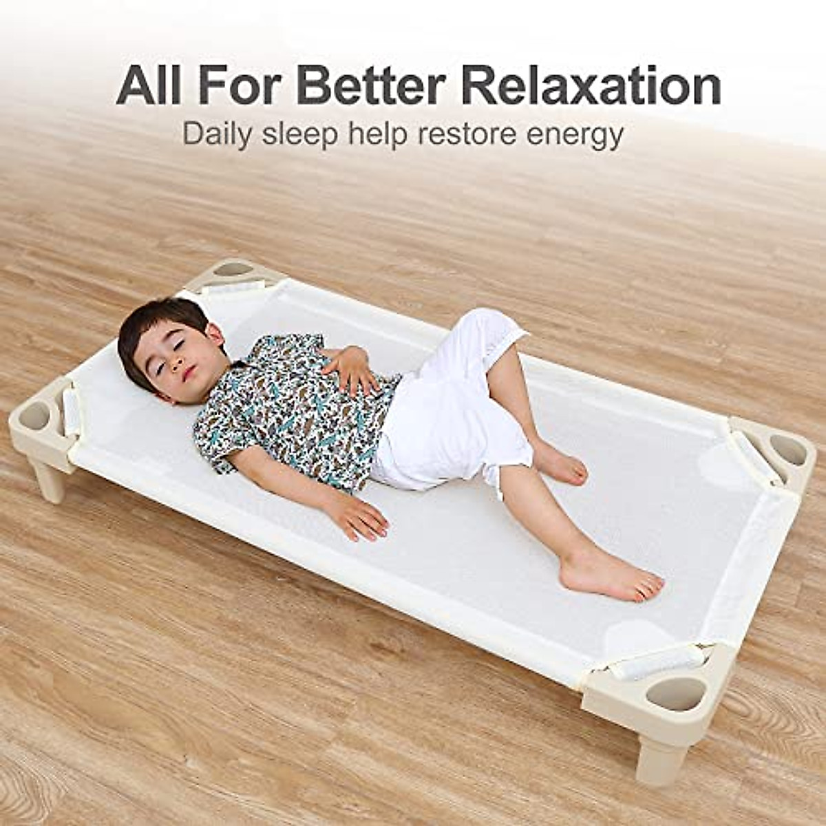 KRAND Kids Stackable Daycare Cot Rest Mat with Easy Lift Corners for Toddler Naptime at Preschool Classroom,Standard 22" W x 52" L (Ivory/Pack of 5, Wheels Included)