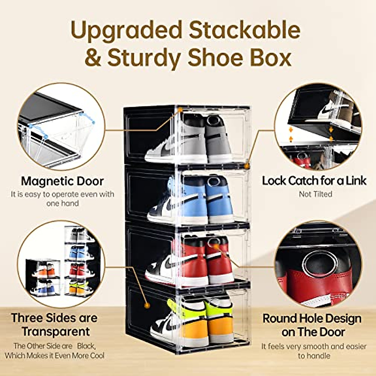 Amllas 10 Pack Shoe Boxes Stackable,Upgraded Sturdy Shoe Storage Boxes with Clear Magnetic Door,Multifunctional Sneaker Storage, Shoe Box Organizer Fit up to US Size 12 (13.8”x 9.84”x 7.1”)