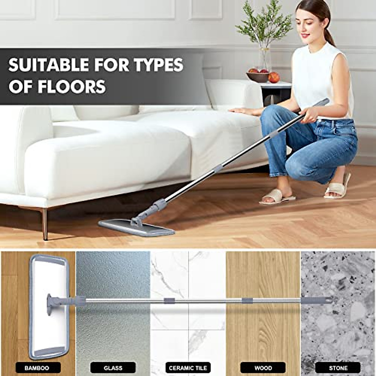 Sunally 18 Inch Professional Microfiber Floor Mop, Wet and Dust Mop with 4 Reusable Mop Pads, Gray