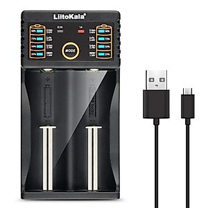 2-Bay USB Smart 18650 Battery Charger，Smart Multifunctional Battery Charger for 18650 26650 14500 16340 10440 RCR123,3.2V LiFePO4,1.2V Ni-MH Ni-Cd AA with 2 LED Indicators