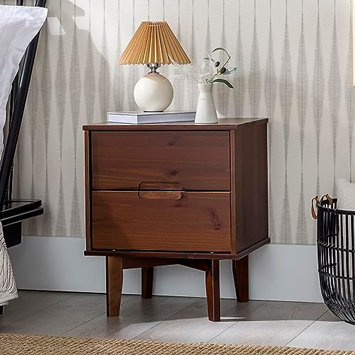 Walker Edison Mid Century Modern Grooved Handle Wood Nightstand Side Table Bedroom Storage Drawer and Shelf Bedside End Table, 2 Drawer, Walnut