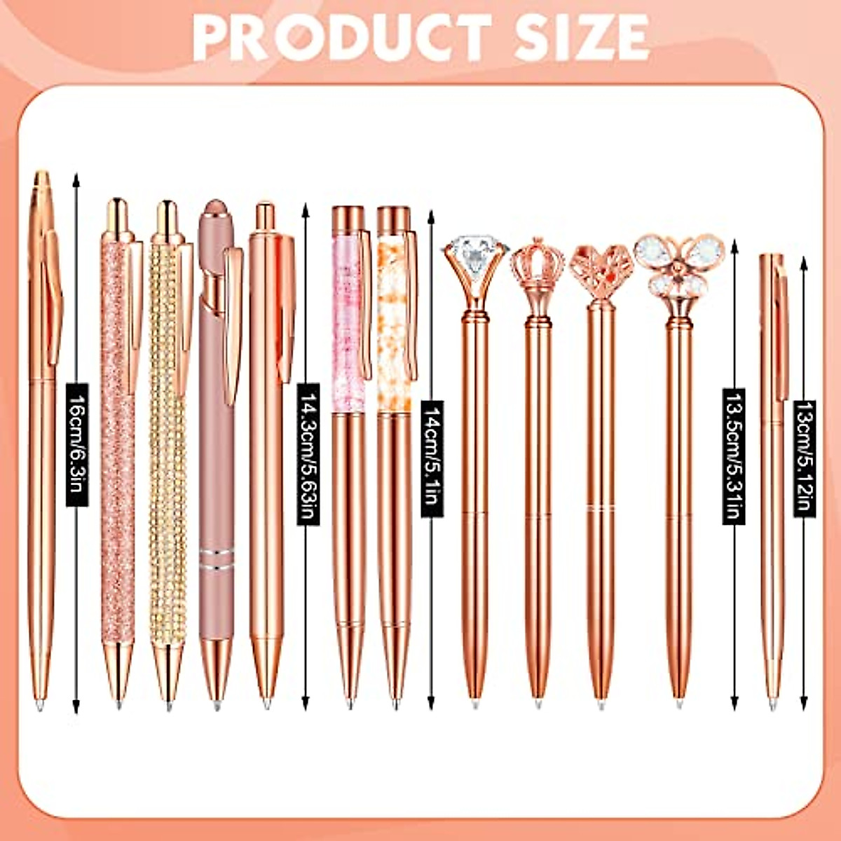 Estune 12 Pcs Diamond Pens Metal Liquid Sand Glitter Ballpoint Pen Set Girly Crystal Pen Women Ballpoint Pens Black Ink Ball Point Pen Gifts for Office School Wedding Party Desk Supplies (Rose Gold)