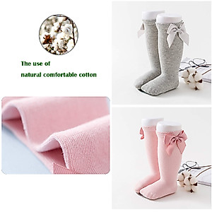 Yeshore Baby Girls Knee High Socks Bow Tube Ruffled Knit Cotton Long Stockings for Infants and Toddlers 5 Pairs (as1, age, 0_month, 12_months, White,Black,Grey,Wine Red,Pink)