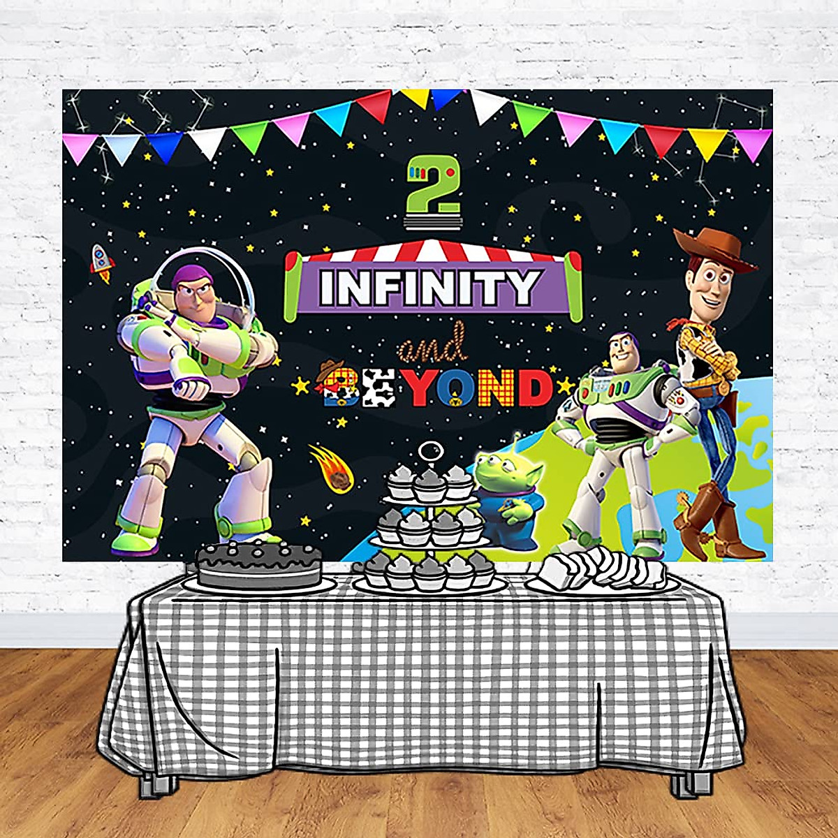 Two Infinity and Beyond Backdrop for 2nd Birthday Party Supplies Outspace Photo Backgrounds Toy Story Theme Baby Shower Banner 59x38in