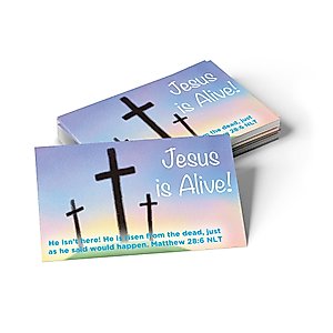 Jesus is Alive (Calvary), Matthew 28:6, Bulk Pack of 25 Affirmation Scripture Cards for Kids, Pass it On Christian Bible Verse Cards for Sunday School, Childrens Church, & Youth Group Ministry