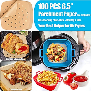 Silicone Air Fryer Liners, DERGUAM Flodable Air Fryer Liners with 100PCS Air Fryer Liners Parchment Paper Liners, Reusable Air Fryer Silicone Liners Square, 8in Fits for 4-8Qt Air Fryer/Oven, 2Pcs