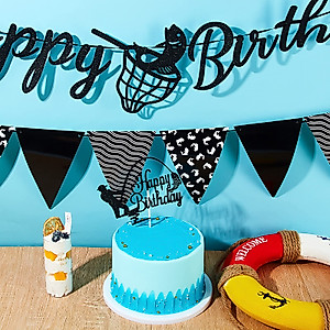 3 Pieces Fishing Birthday Banner Decoration Fisherman Cake Topper Triangle Banner Glitter Fishing Happy Birthday Cake Decoration for Men Boys Kids Black Go Fishing Theme Birthday Party Supplies
