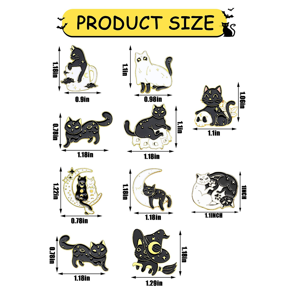 10 Pieces Cat Pins Cute Brooch Pin Set Kawaii Cat Backpack Pin Black Cat Book Brooch Gothic Aesthetic Cat Buttons for Backpacks Clothing Bags Lapel Jackets for Women Men DIY Presents