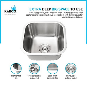 KABCO 16 Inch Square Single Bowl Stainless Steel Classic Kitchen Sink with Kitchen Sink Strainer, Garbage Basket and Sink Grid, 18 Gauge Undermount Rust Resistant Sound and Heatproof Swirl Finish Sink