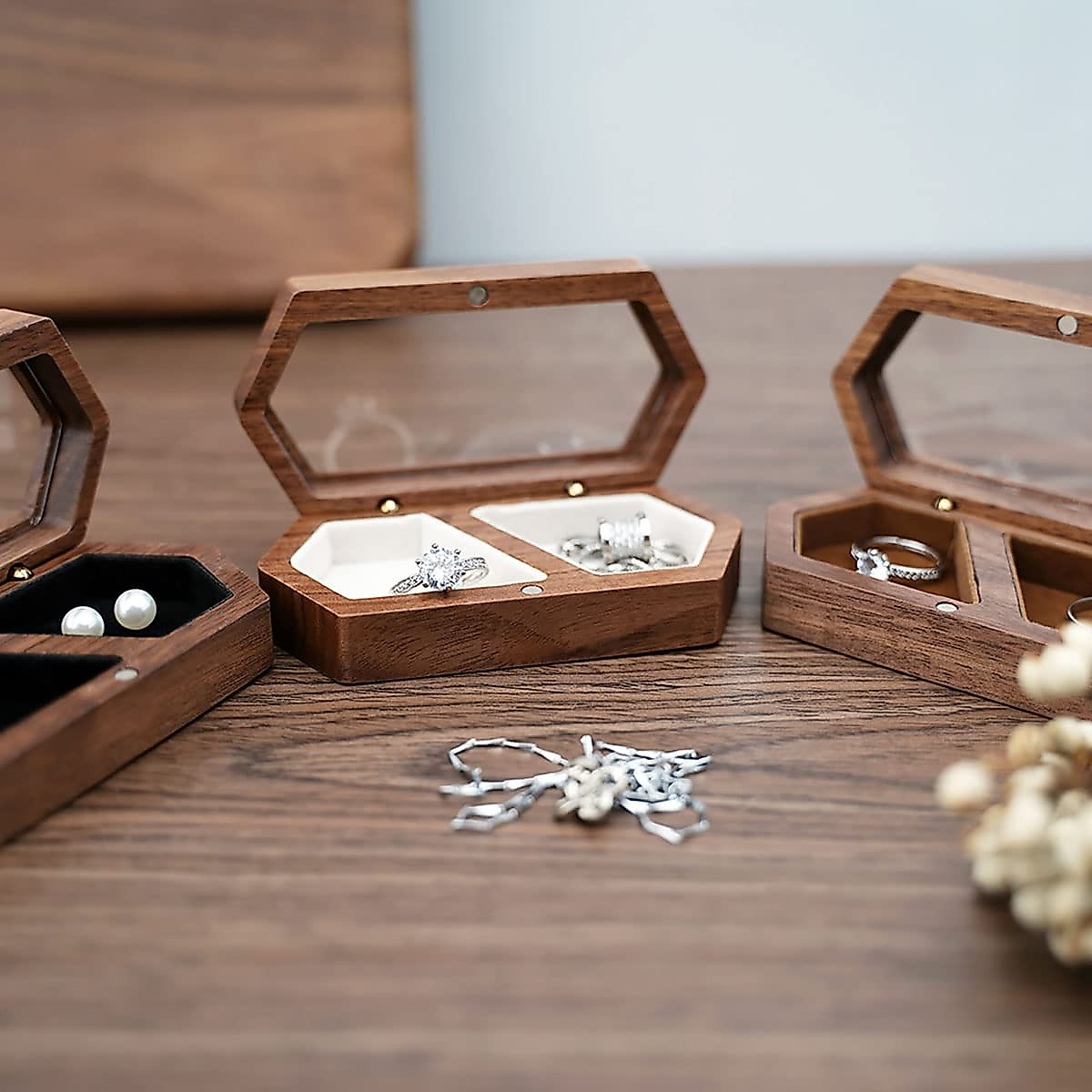 Engagement Ring Box Wooden Ring Box Proposal Ring Box with Clear Top Ring Bearer Box for Wedding Wooden Ring Holder for Proposal (RB517)