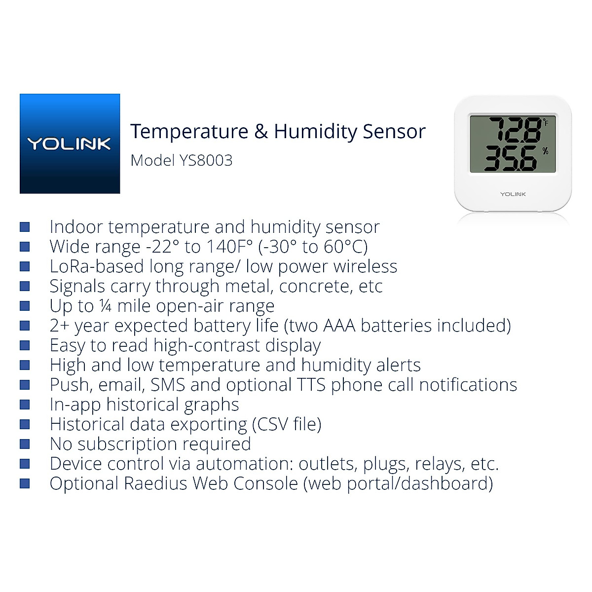 Smart Temperature Humidity Sensor Works w/Alexa IFTTT, 1/4 Mile Super Long Range Wireless Digital Hygrometer Indoor Thermometer Humidity Meter Temperature Humidity Monitor Sensor -YoLink Hub Required