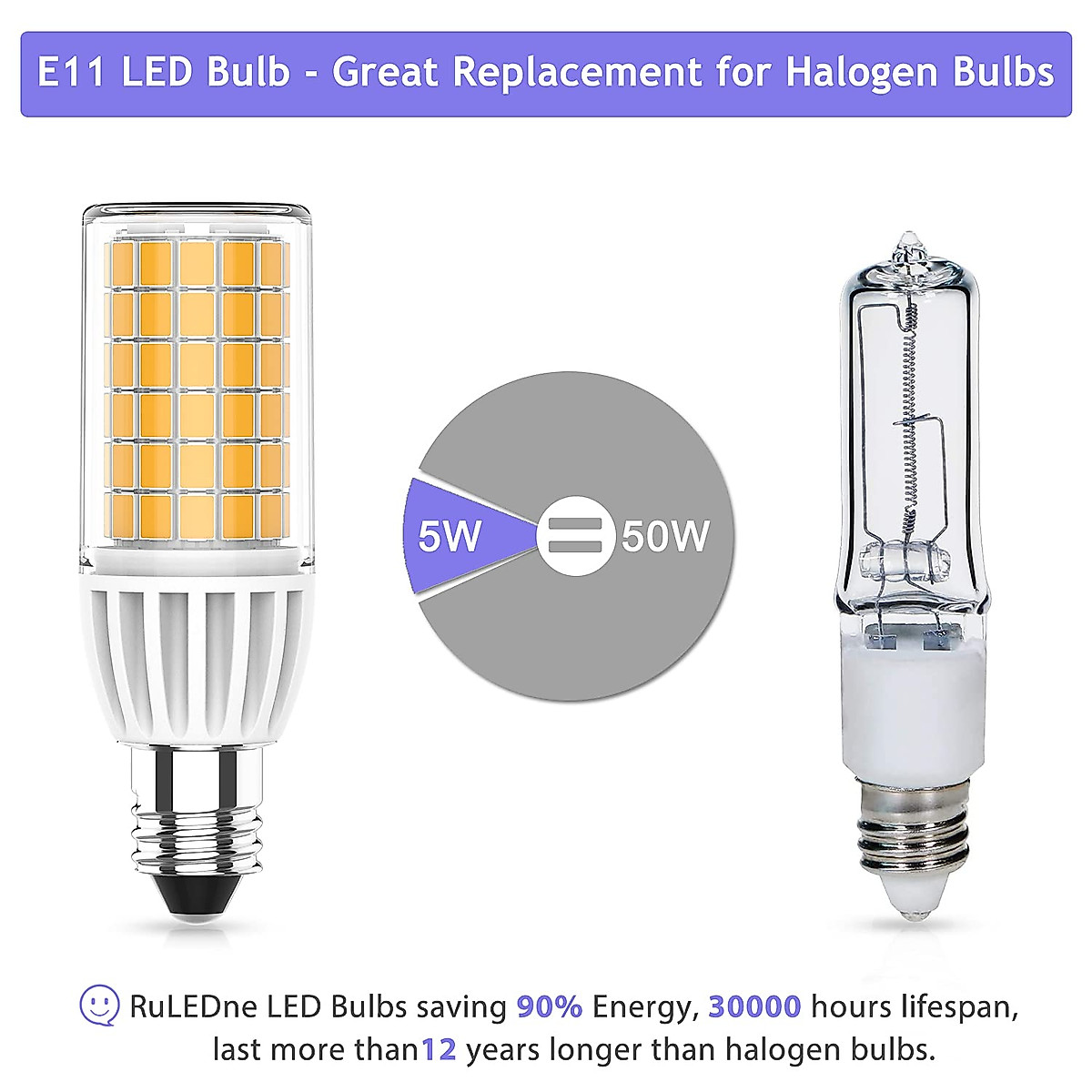 E11 LED Bulb Dimmable 5W, 60W E11 Halogen Bulb Replacement, UL CUL Listed, Warm White 3000K, E11 Bulb Mini Candelabra Base, JD T3/T4 360 Degree Beam Angle E11 Light Bulb for Indoor Lighting, 5Pack
