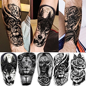 TASROI 61 Sheets Realistic Skull Tiger Wolf Lion Temporary Tattoos For Women Men Arm Sleeve, 3D Halloween Temp Tattoos Adults Compass Black Rose Flower, Bulk Fake Tattoos That Look Real And Last Long