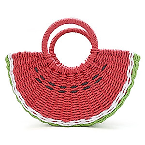 QTKJ Semi-circle Rattan Watermelon Straw Handbags, Hand-woven Summer Fruit Shape Beach Straw Bag with Round Handle for Women (Red Watermelon)