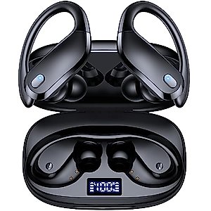 GNMN Bluetooth Headphones Wireless Earbuds V5.3 Over Ear Buds 50Hrs Playback Wireless Charging Case Waterproof Earphones Sports Headset with Earhooks & Dual Power Display for Running Workout
