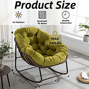 Luccalily Outdoor Front Porch Papasan Rocking Cozy Chair, Indoor Padded Cushion Recliner Chair, Oversize Egg Chair for Patio, Yard, Garden, Living Room (Olive)