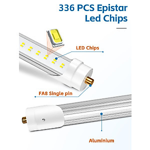 ELEKICO 8FT LED Bulbs, Super Bright 72W 9000lm 5000K, T8 T10 T12 LED Tube Lights, FA8 Single Pin T8 LED Lights, Clear Cover, 8 Foot LED Bulbs to Replace Fluorescent Light Bulbs (Pack of 6)