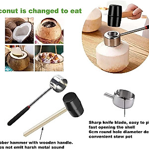 KEXINGTUO Coconut Grater Tool Set for Safe & Easy to Use Opening with Meat Removal Scraper,Rubber Hammer,Hole Maker Puncher Young Coconut Stainless Opener Kit