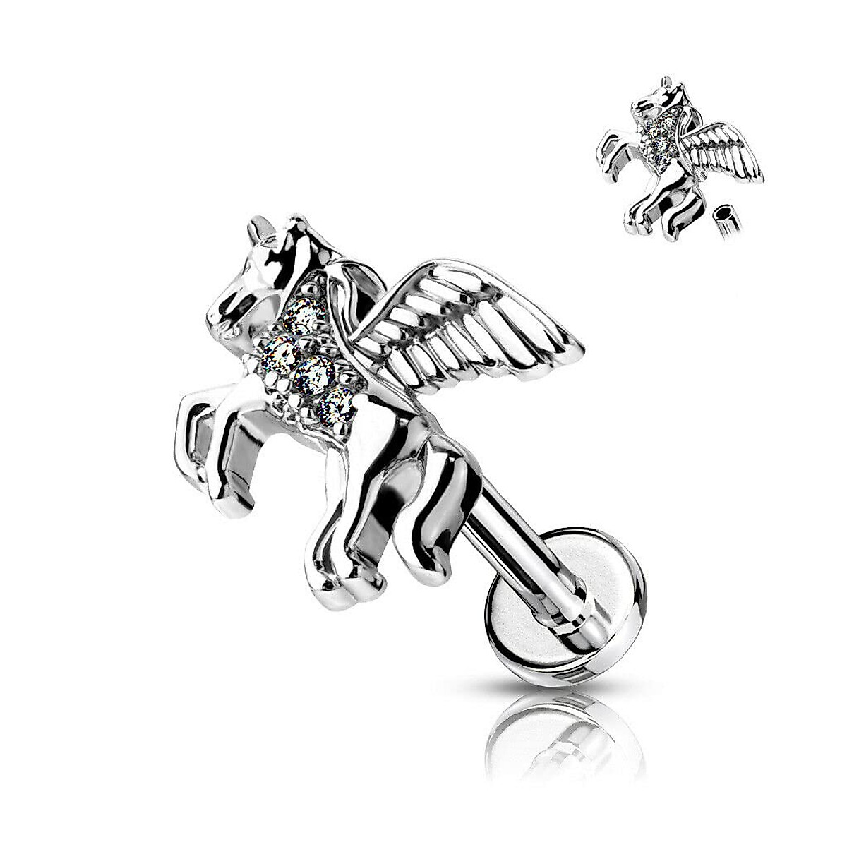 CZ Paved Unicorn Internal Thread Surgical Steel Tragus Labret Cartilage 16G 8mm