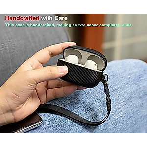 LOPIE Case Compatible with WF-1000XM5, Carbon Fiber Style Vegan Leather Case Designed for Sony Earbuds WF1000XM5 Case Cover (2023), Protective Cover with Lanyard for Women/Men- Black