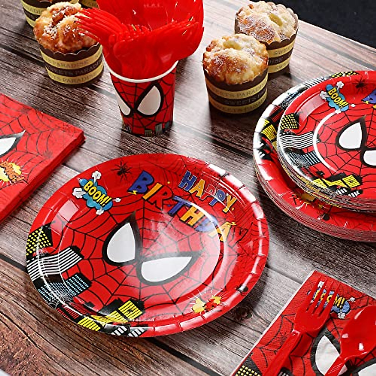 175Pcs Spider Birthday Party Supplies Spider Paper Plates and Napkins Set Disposable Dinner Tableware Plates Napkins Cups Knives Spoons Forks for Spider Kids Birthday Party Decorations Serve 25