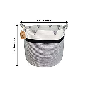 The Modish Store 18" X 18" X 15" Extra Large Premium Cotton Rope Basket Gray White Woven Basket for Blankets Toys Storage Basket with Handles Great for Comforter Cushions Storage Bins