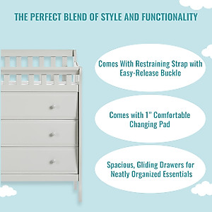 Dream On Me Marcus Changing Table And Dresser In Grey, Features Three Spacious Drawers, Non-Toxic Finishes, Comes With 1" Changing Pad, Made Of Solid Wood