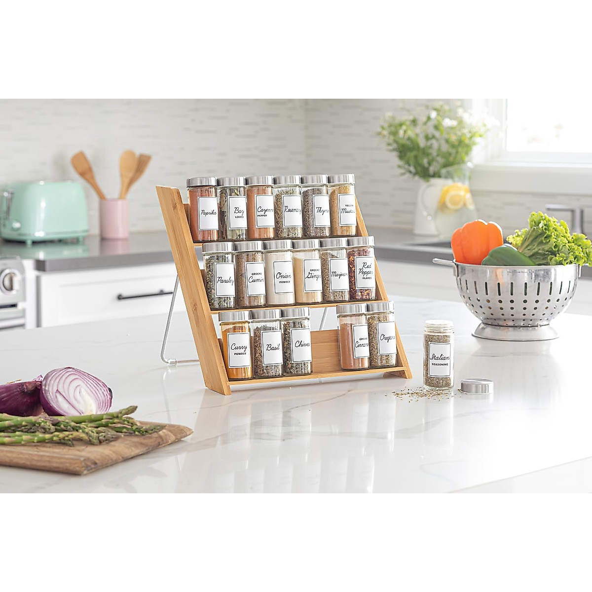 Orii 18 Jar Bamboo Compact Spice Organizer for Countertop and Kitchen Drawer, Filled with Spices, 5 Year Spice Refill Program