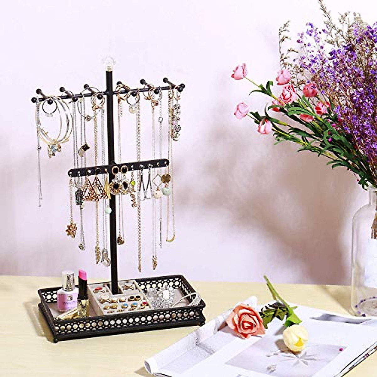 Meangood Jewelry Tree Stand Organizer 3in1 Necklace Organizer Display Bracelet Earrings and Ring Tray Jewelry Holder Hanger Metal（Black）