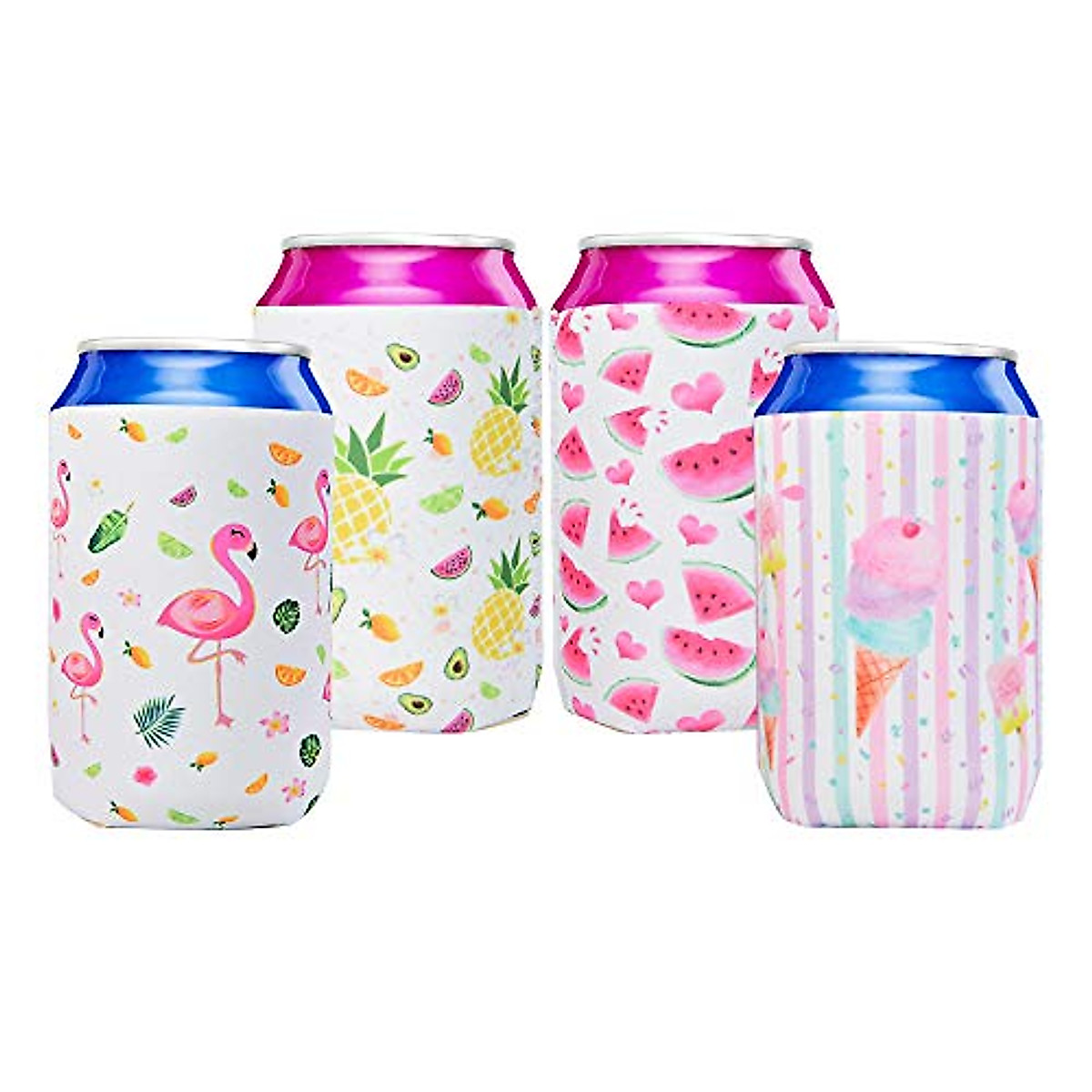 Can Cooler Sleeves - Set of 4 Neoprene Can Sleeves Soda Beer Caddies Collapsible Reusable Thermocoolers for Weddings Bridal Shower Birthday Bachelorette Parties