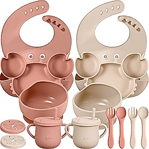 14 Pcs Baby Feeding Set Silicone Baby Led Weaning Feeding Supplies, Suction Bowl Crab Shape Divided Plate Adjustable Bib Soft Spoon Fork Snack Cup with Lid Drinking Cup, Toddlers Self Eating Utensil