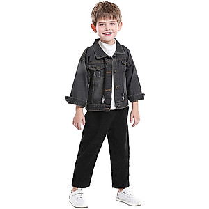 Cromoncent Boys Girls Child Casual Denim Jacket Kids Toddler Button Down Coat，Denim Black 5-6Y