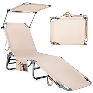 GYMAX Tanning Chair, Beach Lounge Chair with Canopy Sunshade, Carry Handle & Pocket, 5 Level Adjustable Layout Chaise Lounge for Outside, Folding Sunbath Chair for Outdoor, Patio, Poolside (1, Sand)