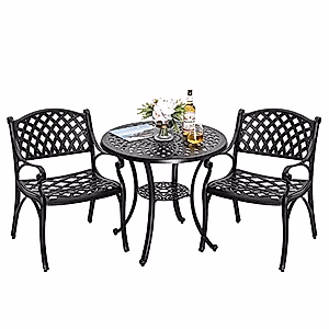 Nuu Garden 3 Pieces Patio Bistro Set, Cast Aluminum Patio Dining Set with Umbrella Hole All-Weather Garden Table and Chairs for Yard, Balcony, Black with Antique Bronze Edging
