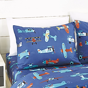 Blue Airplanes print Comforter Set for Boys Girls teen. Twin size Bedding for kids room. Include Twin comforter fitted sheet, pillow sham and Plush Airplane pillow (AIRPLANE, Twin)
