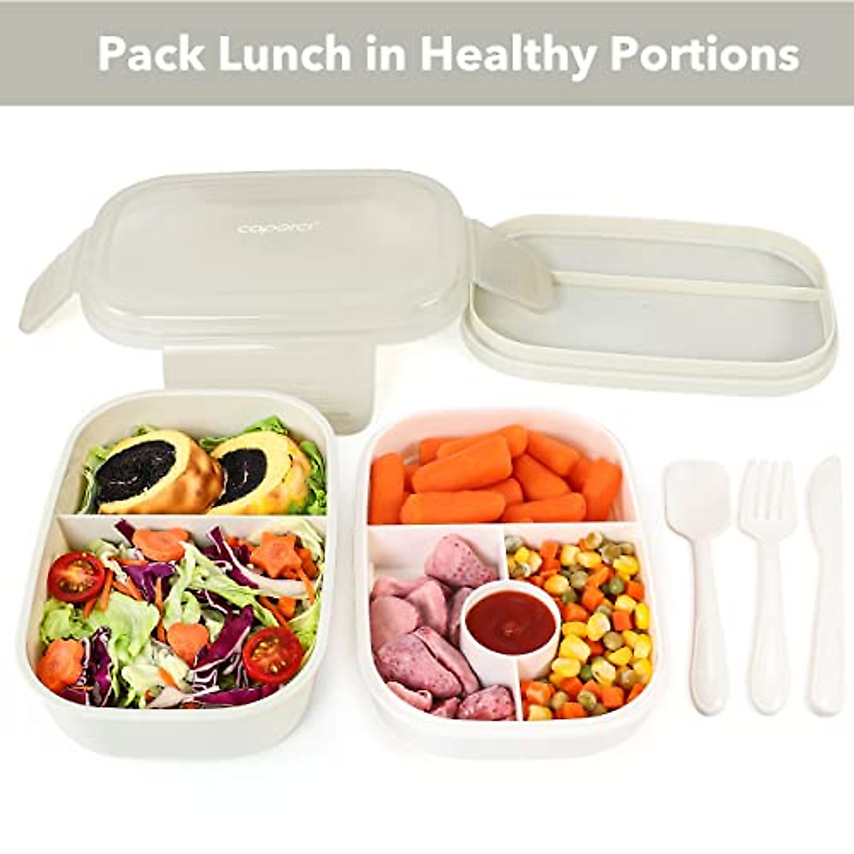 Caperci Stackable Bento Box Adult Lunch Box - 3 Layers All-in-One Lunch Containers with Multiple Compartments for Adults & Kids, 55 oz Large Capacity, Built-in Utensil Set & BPA Free (White)