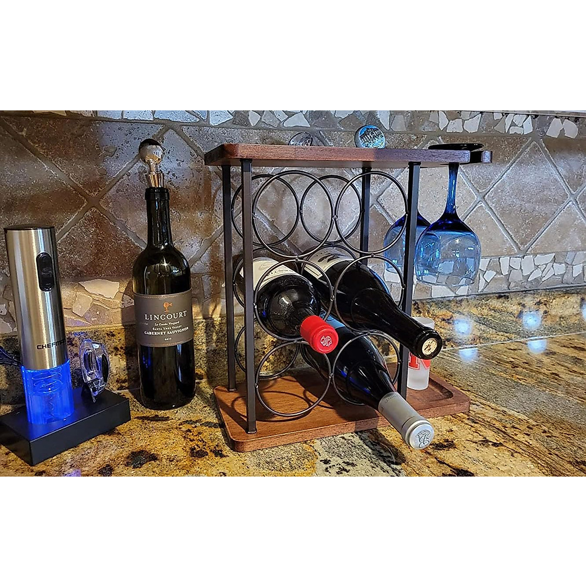 SASIDO Wine Holder and Glasses Rack, Wooden Wine Stand with Tray, Wine Racks Countertop, Perfect for Home Decor & Kitchen Storage Rack etc (Hold 6 Bottles and 2 Glasses )