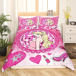 Pink Girly Princess Kids Duvet Cover Set Twin Size,High-heeled Shoes Lip Bowknot Romantic Bedding Set,Beauty Girls Room Decor,Glitter Sequin Diamond Comforter Cover,Dreamy Quilt Cover,1 Pillowcase