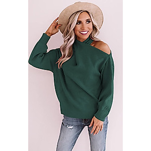 Angashion Women's Sweaters Casual Off Shoulder Tops Crossed V- Neck Long Sleeve Crop Halter Pullover Dark Green Small