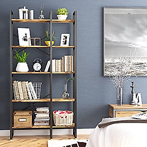 Easyzon 5 Tier Bookshelf and Bookcase, Rustic Industrial Bookshelf, Large Etagere Bookshelf Open Display Shleves with Metal Frame for Living Room Bedroom Home Office