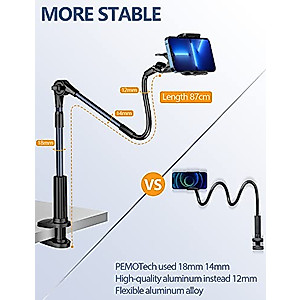 PEMOTech Gooseneck Phone Holder Stand for Bed, Flexible Arm Cell Phone Stand Clamp on Desk, 360° Rotation Horizontally + 220° Rotation Up and Down, Compatible with 4"-7" Devices