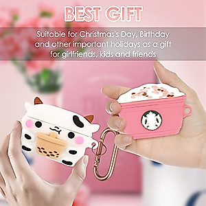 2 Pack for AirPods Pro 2nd/1st Generation Case, 3D Cute Cartoon Kawaii Funny Soft Silicone Case Cover for AirPods Pro 2 Anime Skin with Keychain for Girls Women Kids Teens (Boba Tea Cows+Coffee Cup)