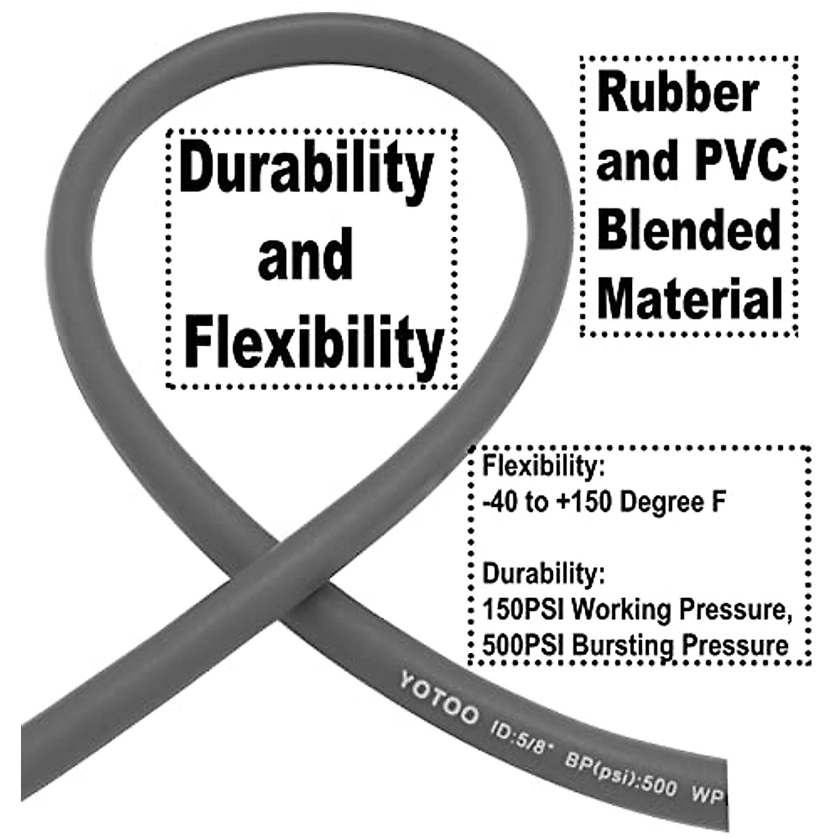 YOTOO Heavy Duty Hybrid Garden Water Hose 5/8-Inch by 50-Feet 150 PSI Kink Resistant, Flexible with Swivel Grip Handle and 3/4" GHT Solid Brass Fittings, Gray