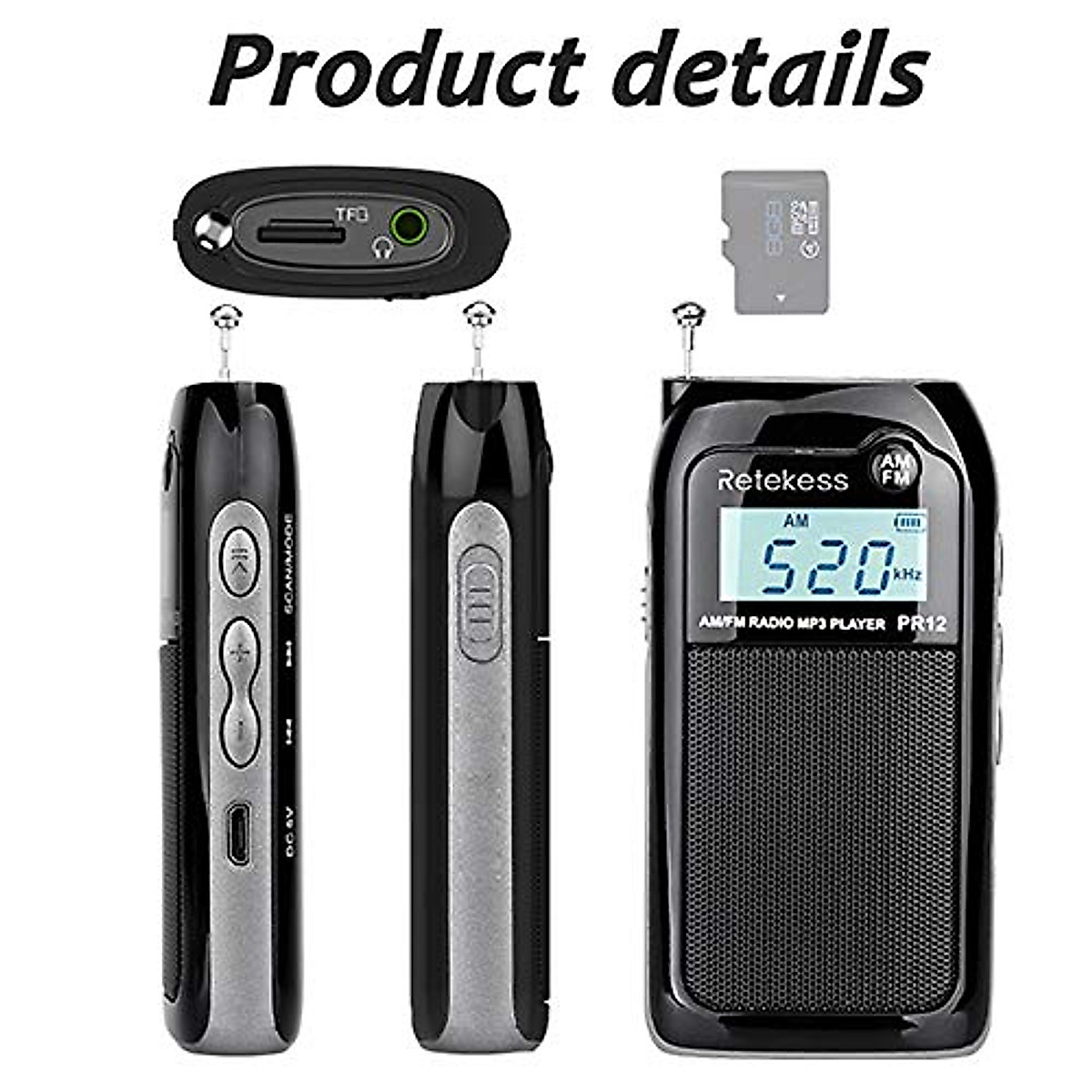 Retekess PR12 Digital Radio, Pocket Radio AM FM, Mini Radio with Micro SD, Backlit Display and Earphone Jack, Suit for Jogging and Gym (Black)