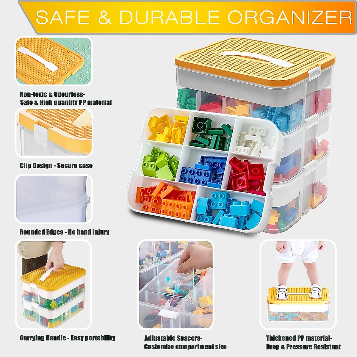 Kids Toy Organizer for Lego Stackable Storage Compartments Bins With Base Plates Lids 3 Tiers Clear Building Bricks Board Game Puzzle Boxes Plastic Craft Sorting Separator Travel Chest Case