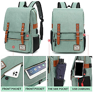 Mancio Vintage Slim Laptop Backpack for Women Men,Tear Resistant Business School College Bag with USB Charging Port, Green.