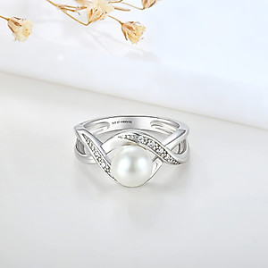 JO WISDOM Women Pearl Ring,925 Sterling Silver Cubic Zirconia Infinity Pearl Ring with 7mm Round White Pearl Ring size 8